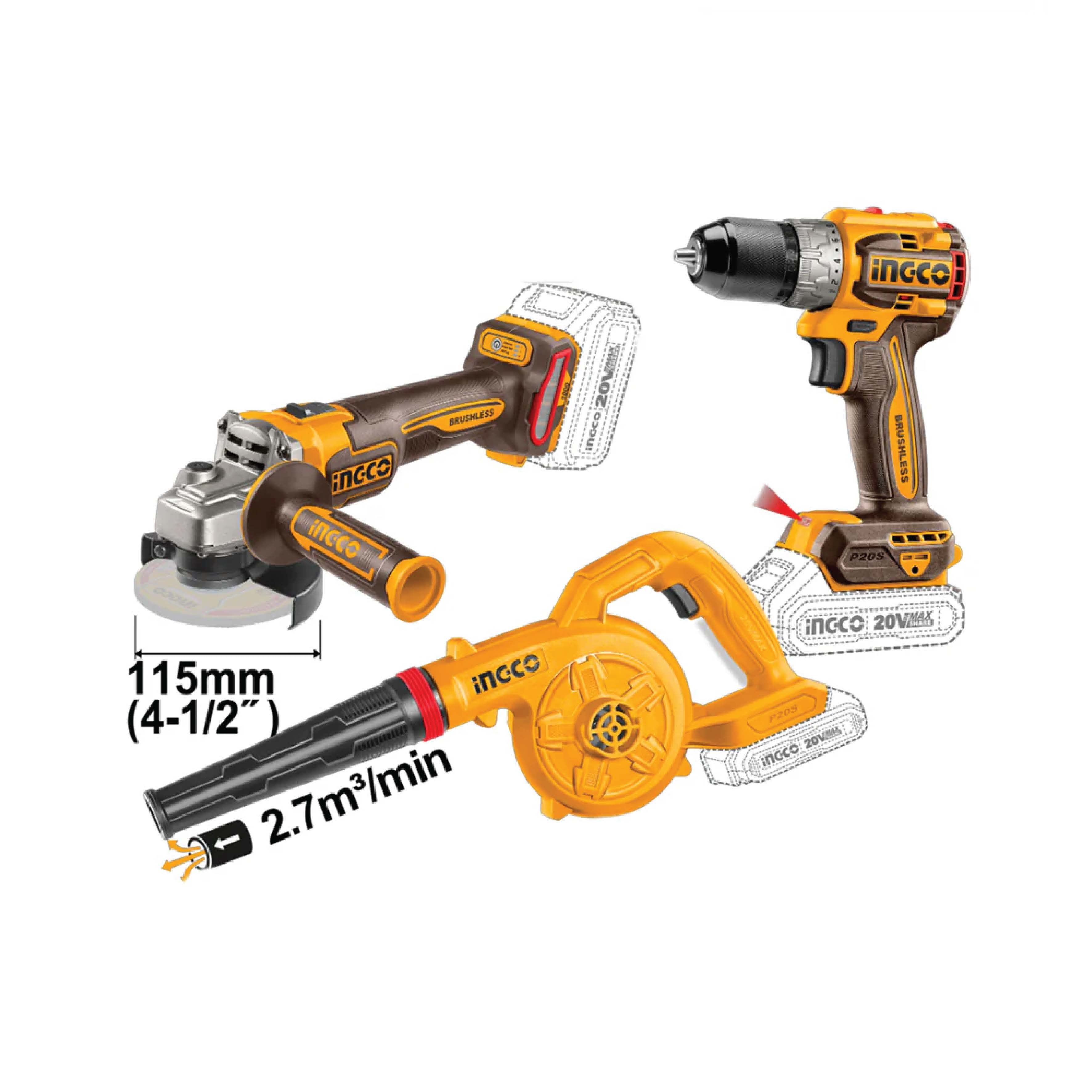 INGCO 20V PS C/L GRINDER/BLOWER/DRILL KIT 3PCS - Cosmo Group